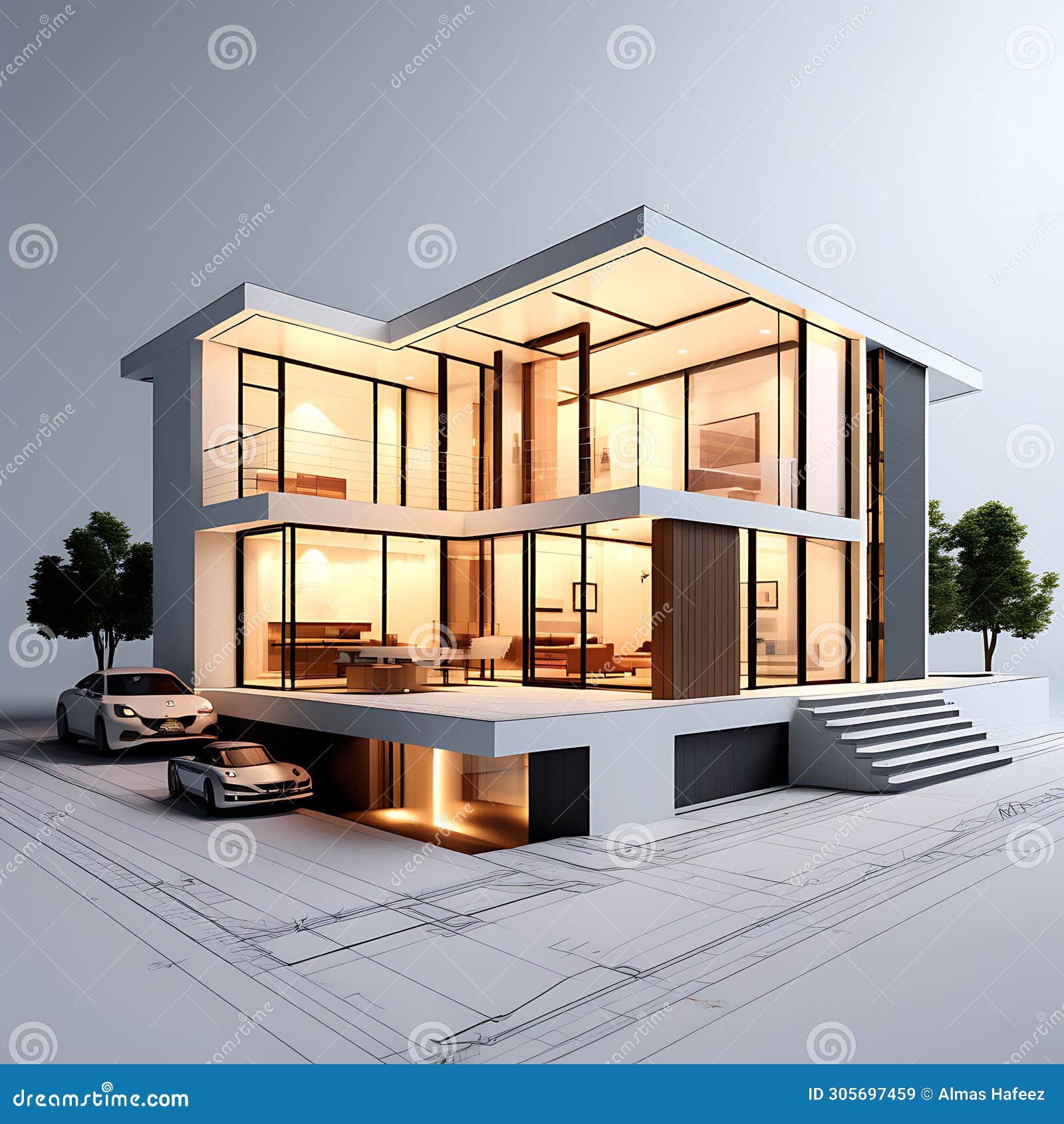 Drawing Lines Of A 3D Render House On A White Background ...