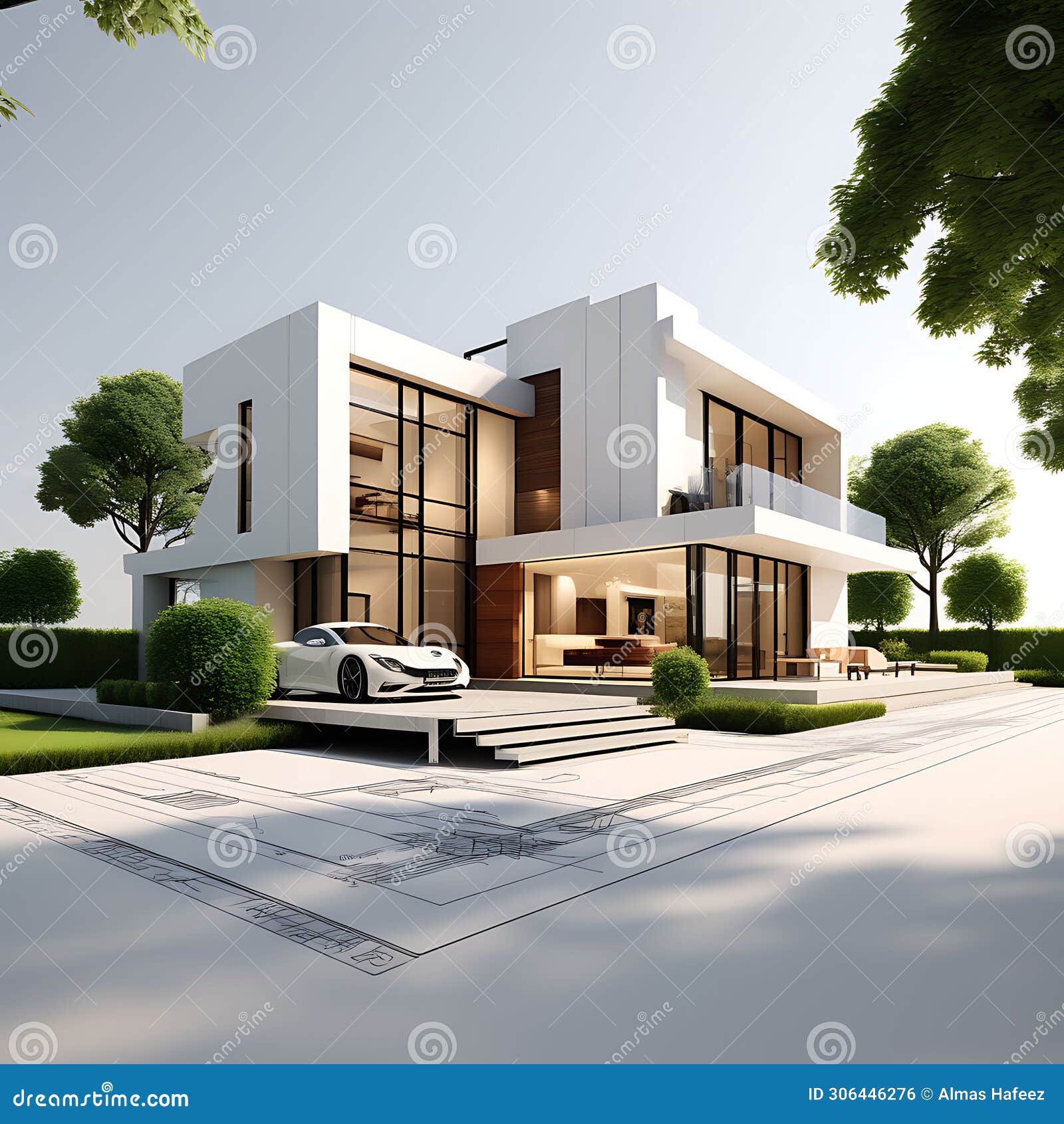 Drawing Lines of a 3D Render House on a White Background ...