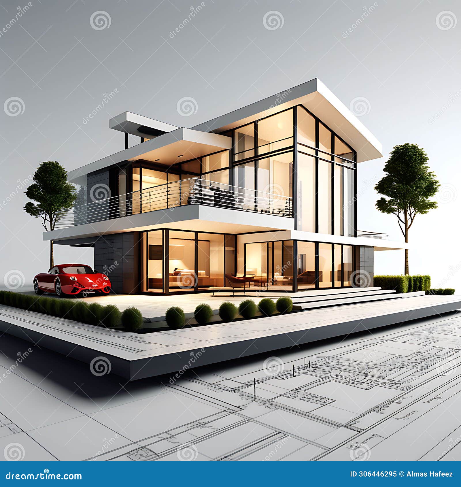 Drawing Lines Of A 3D Render House On A White Background ...