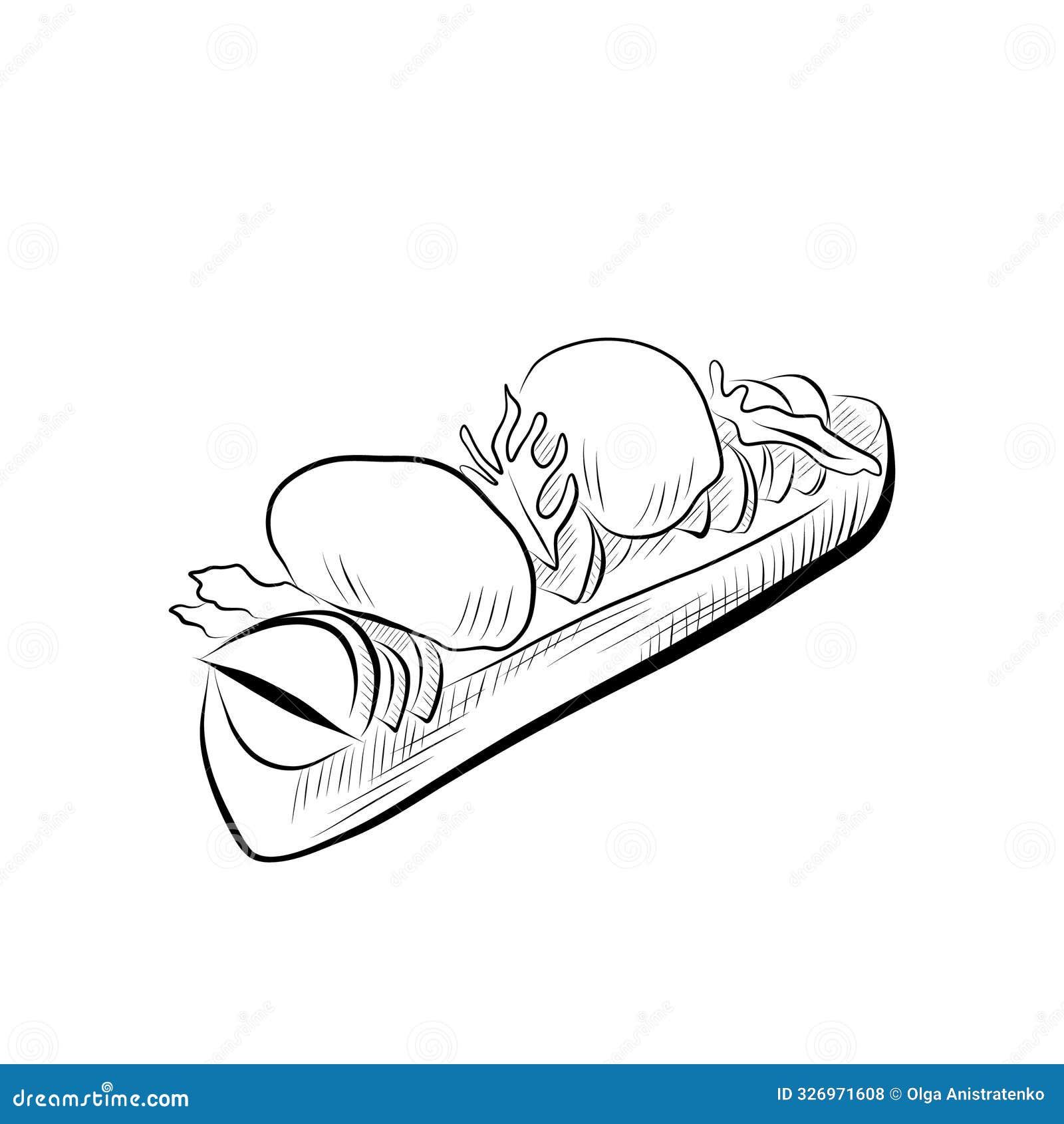 Drawing Lines. Line Art Breakfast, Bread with Poached Eggs and Herbs ...