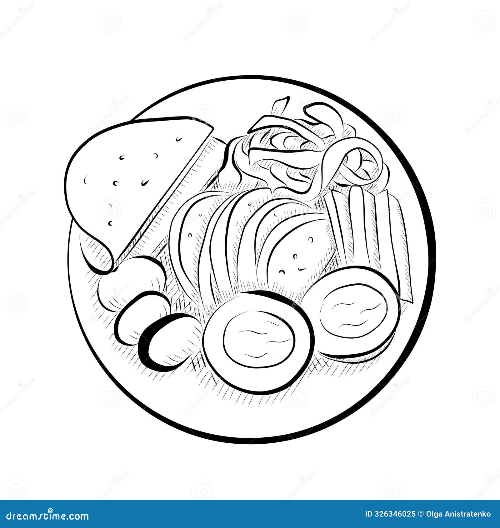 Drawing Lines. Line Art Plate with Breakfast Eggs, Bacon, Bread ...