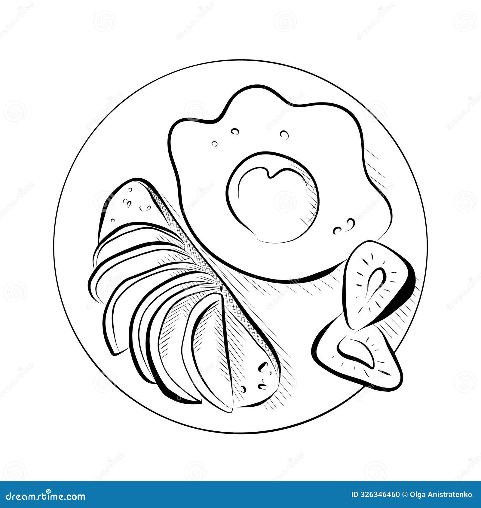 Drawing Lines. Line Art Plate with Breakfast Eggs, Bread with Cheese ...