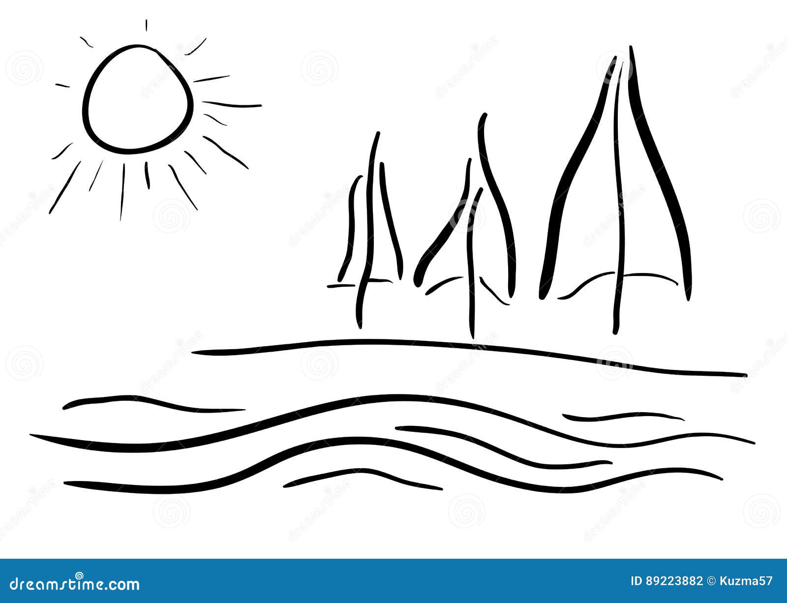 Drawing in Lines. Ocean or Sea Beach with Trees. Stock Vector ...