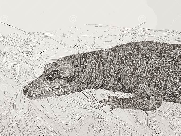 A Drawing of a Lizard - a Goanna Basks in the Warmth of the Outdoors ...