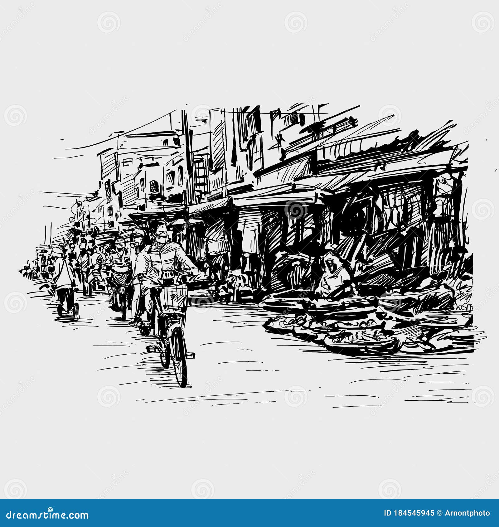 Drawing of Local Market in Vietnam Stock Vector - Illustration of diner ...