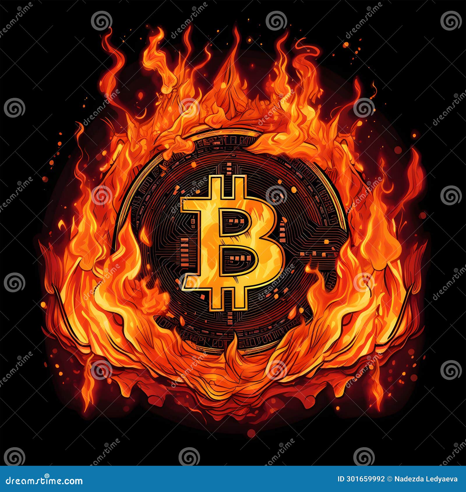 Drawing, Logo, Bitcoin Sign on Fire. Stock Illustration - Illustration ...