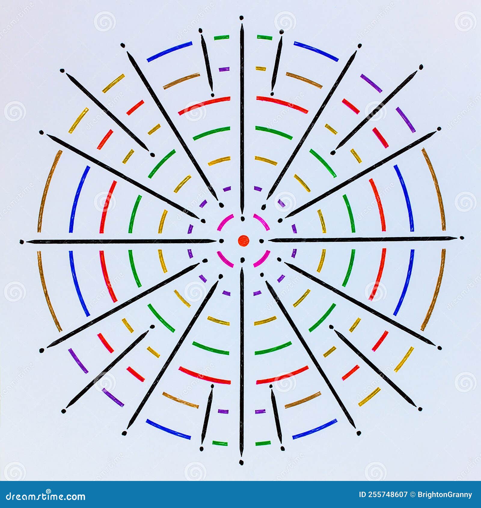 A Hand Drawn Pattern of Colorful Radiating Lines and Circles. Stock ...