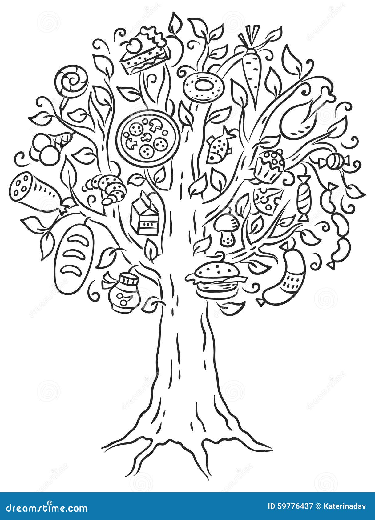 Drawing of Lots of Ready-made Food Growing on Tree Stock Vector ...