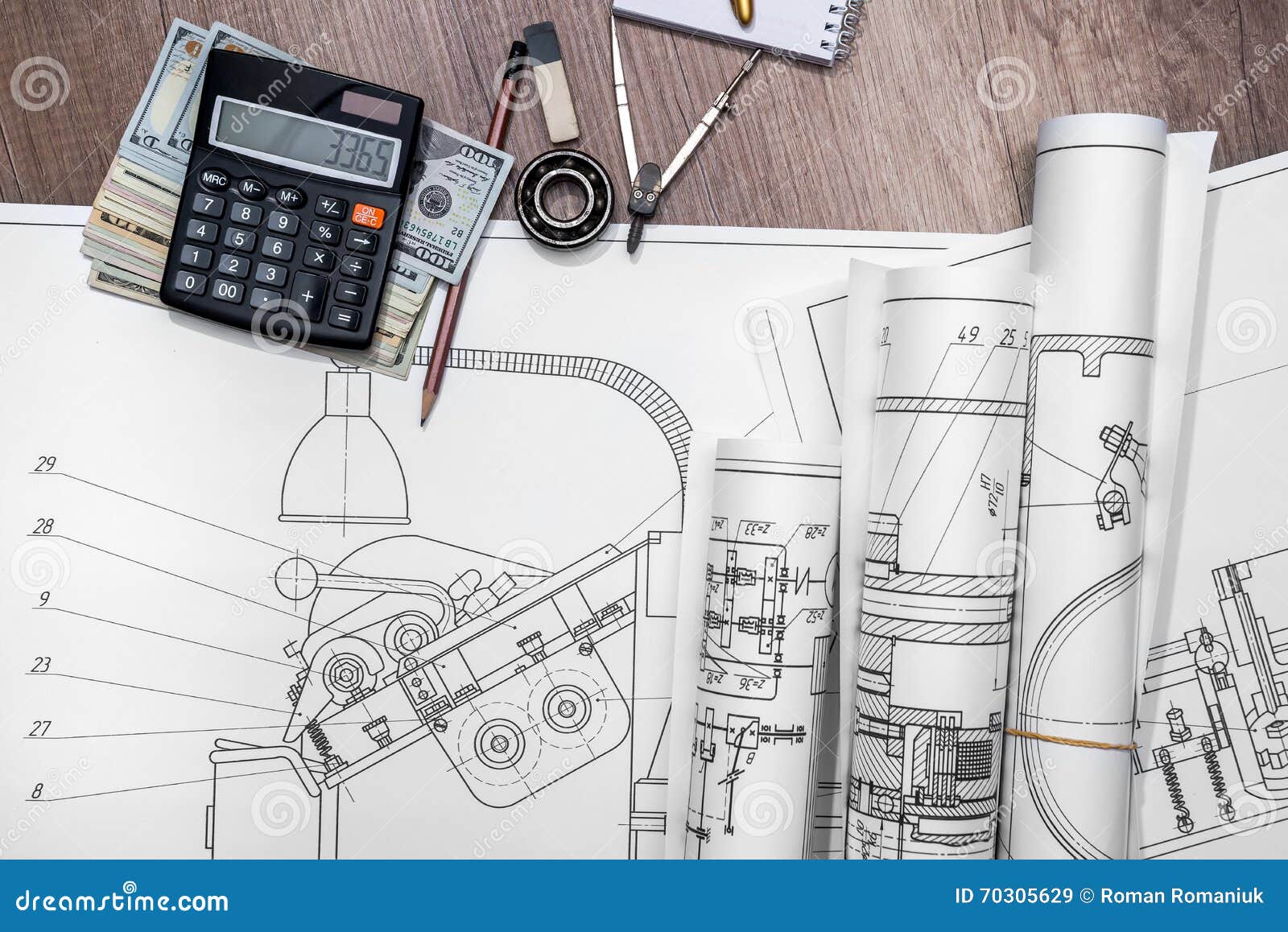 Drawing Machine, Pencil, Ruler, Us Dollar and Compasses Stock Image ...
