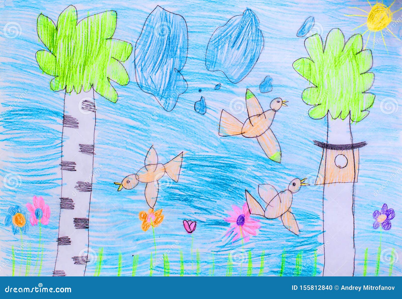 Drawing Made by a Child. Spring, Birds, Clouds Stock Photo - Image of ...