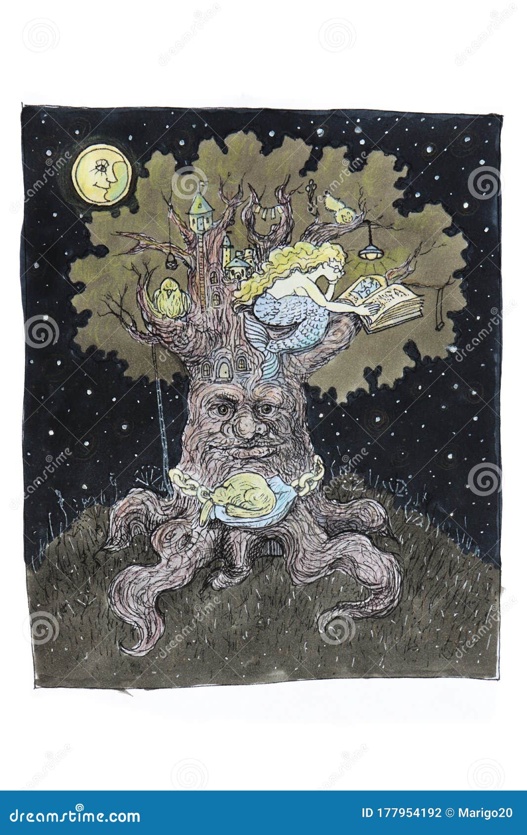 A Drawing of a Magic Oak Tree with a Chain, Powerful Roots on the ...