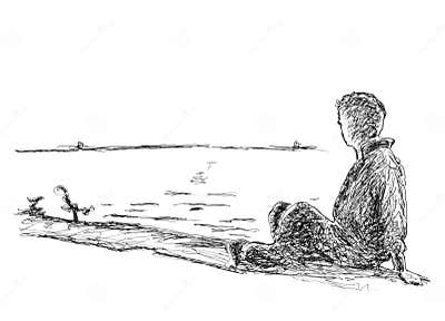 Drawing of a Man on the Beach Stock Illustration - Illustration of ...