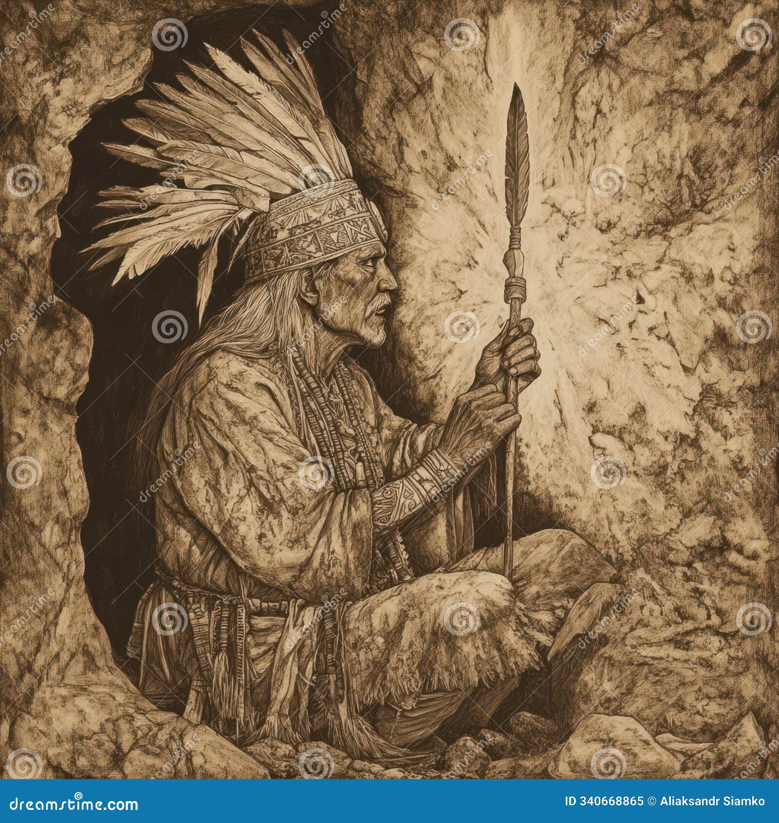 A Drawing of a Man in a Native Outfit Holding a Spear Stock ...