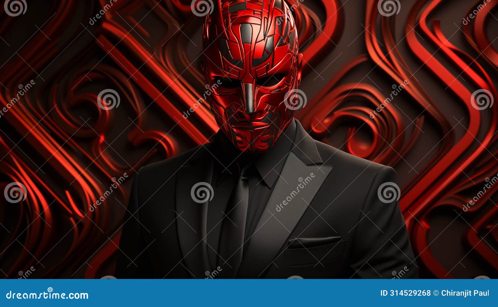 Drawing of a Man with a Red Face and a Black Suit with a Red Mask on ...
