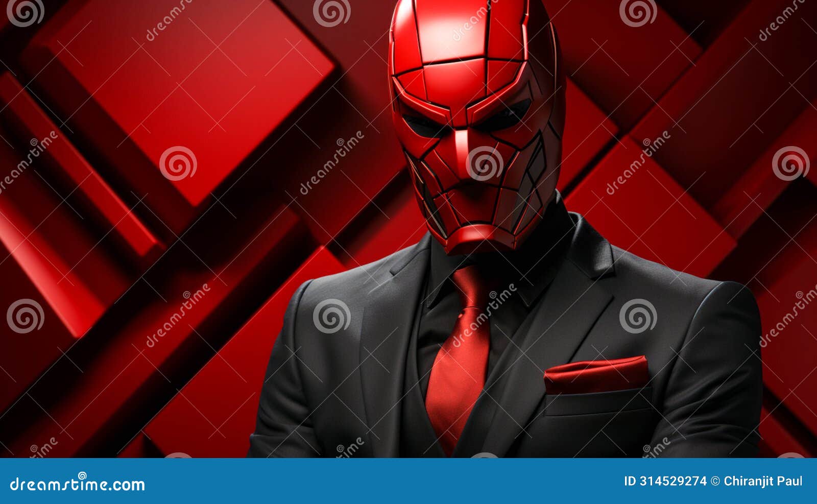 Drawing of a Man with a Red Face and a Black Suit with a Red Mask on ...