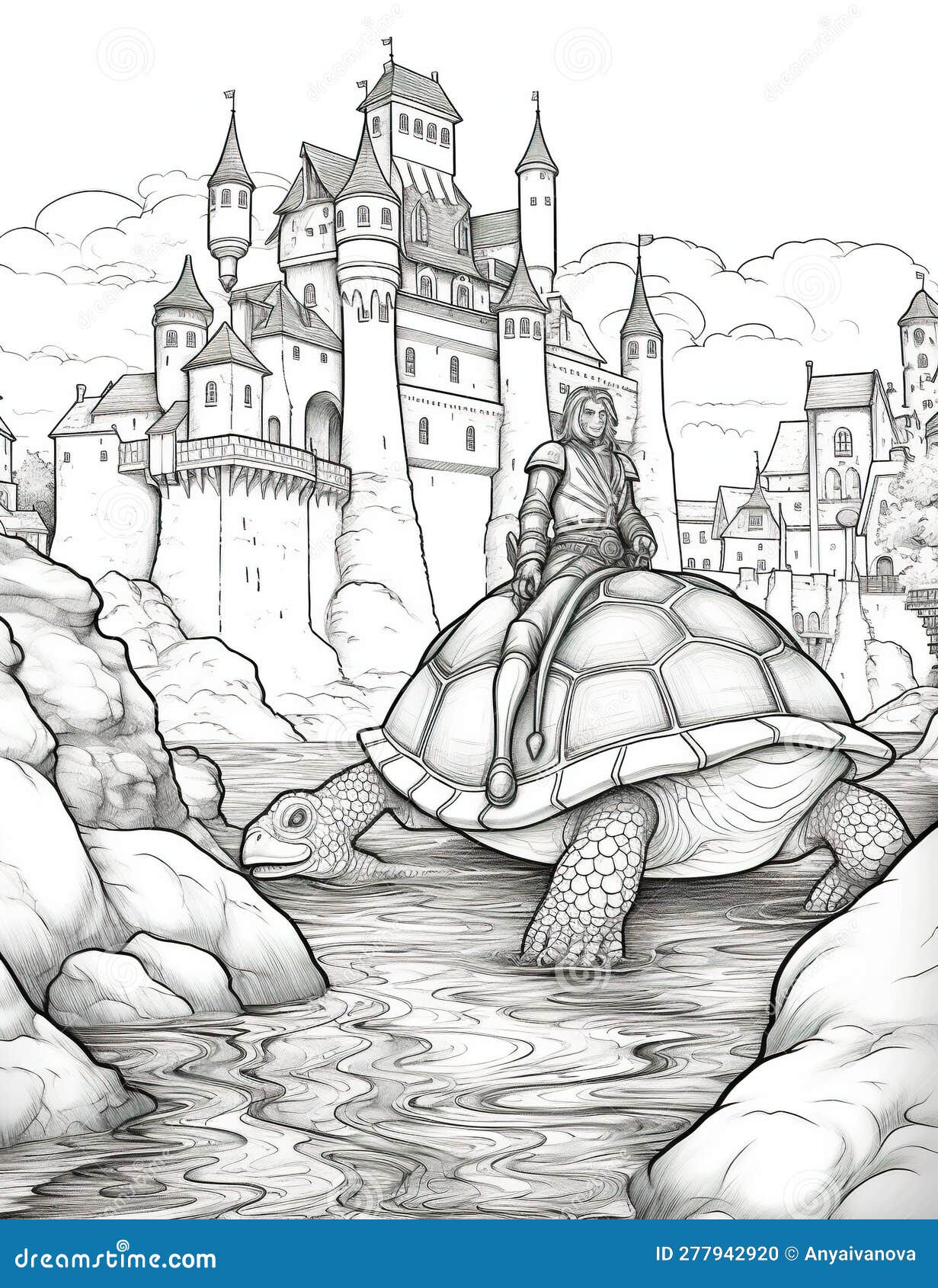 A Drawing of a Man Riding a Turtle in Front of a Castle. Generative AI ...