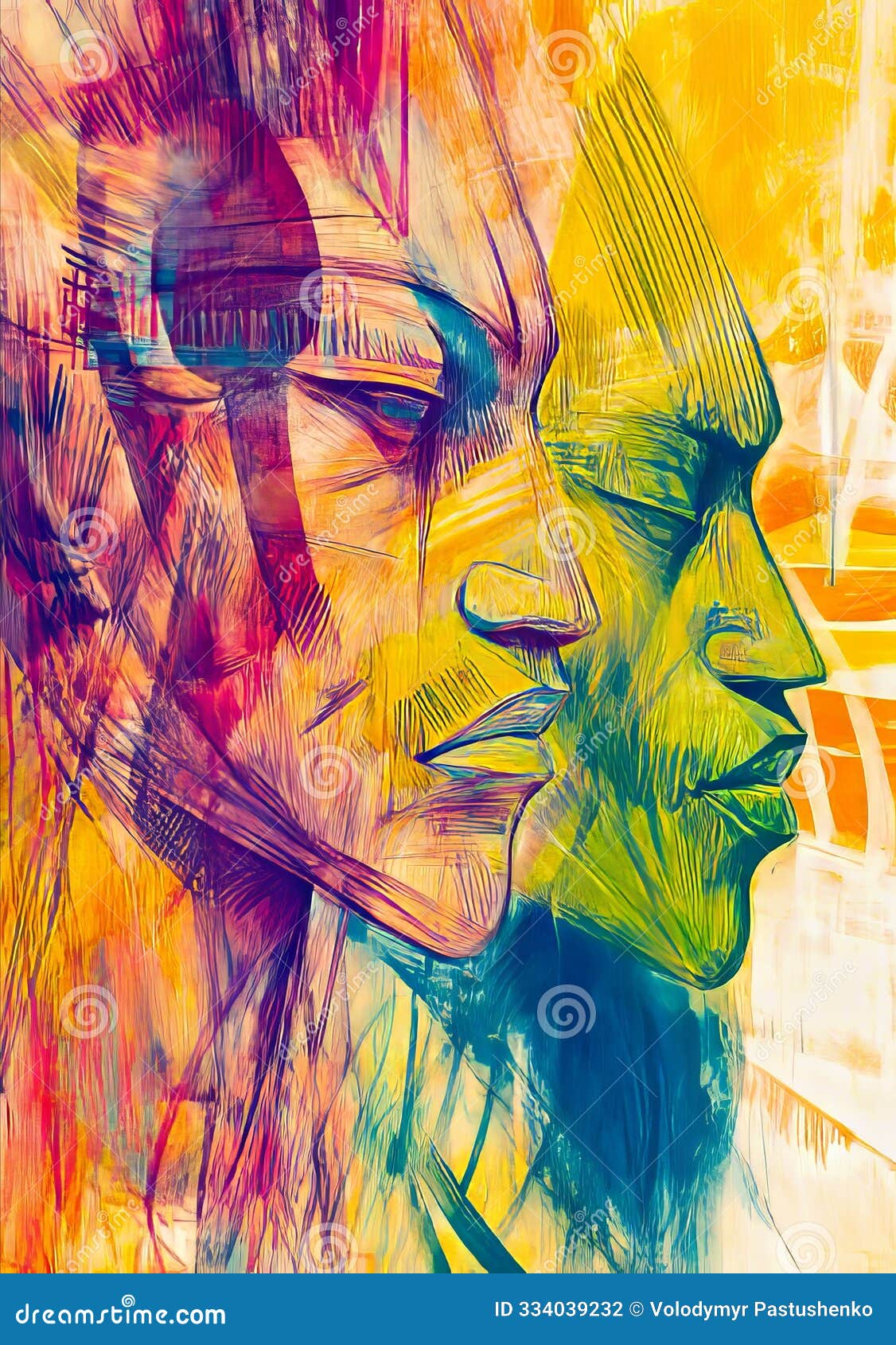 A Drawing of a Man and a Woman S Face in Different Colors Stock Photo ...