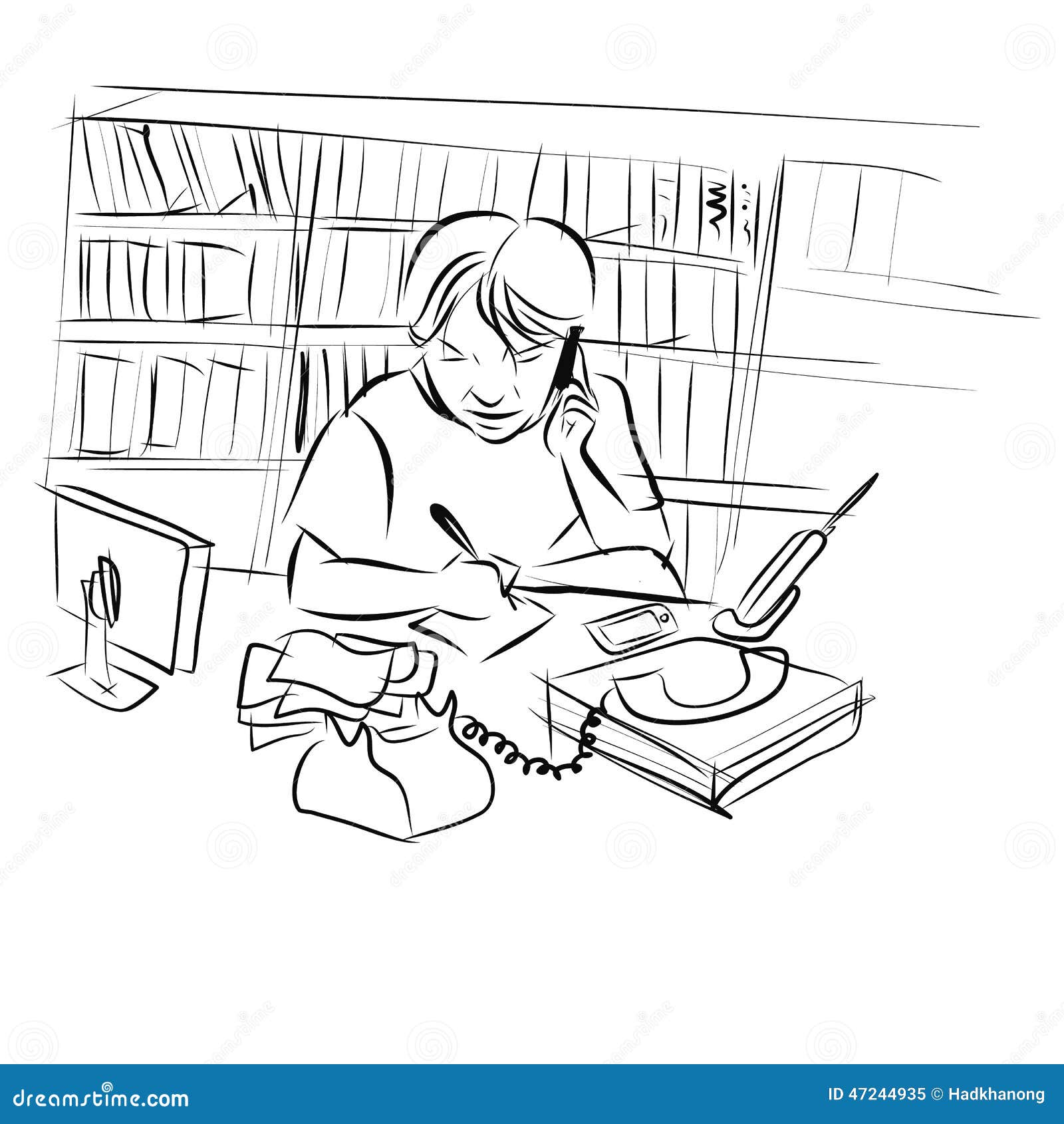 Drawing of Man Working at His Desk Stock Vector - Illustration of time ...