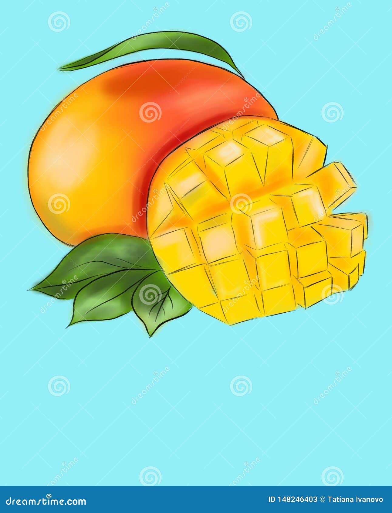 Drawing Mango on a Blue Background Stock Illustration - Illustration of ...