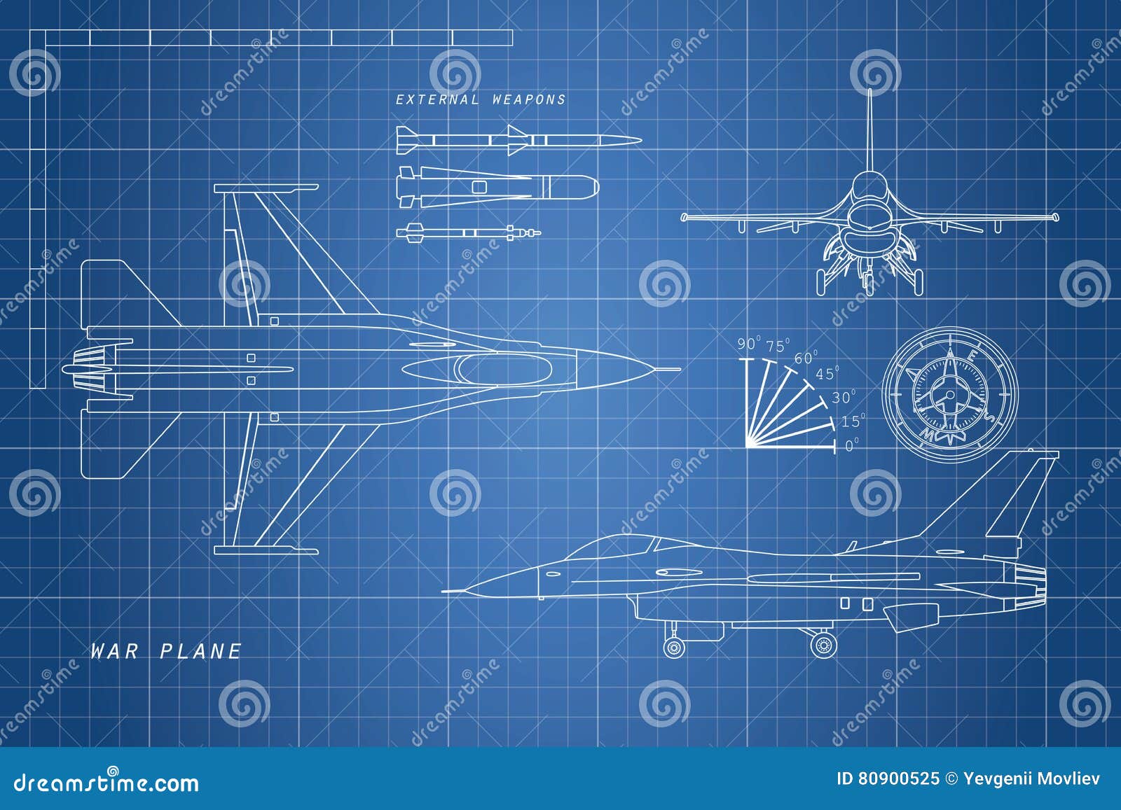 Drawing Military Aircraft. Top, Side, Front Views. War Plane Wit Stock ...
