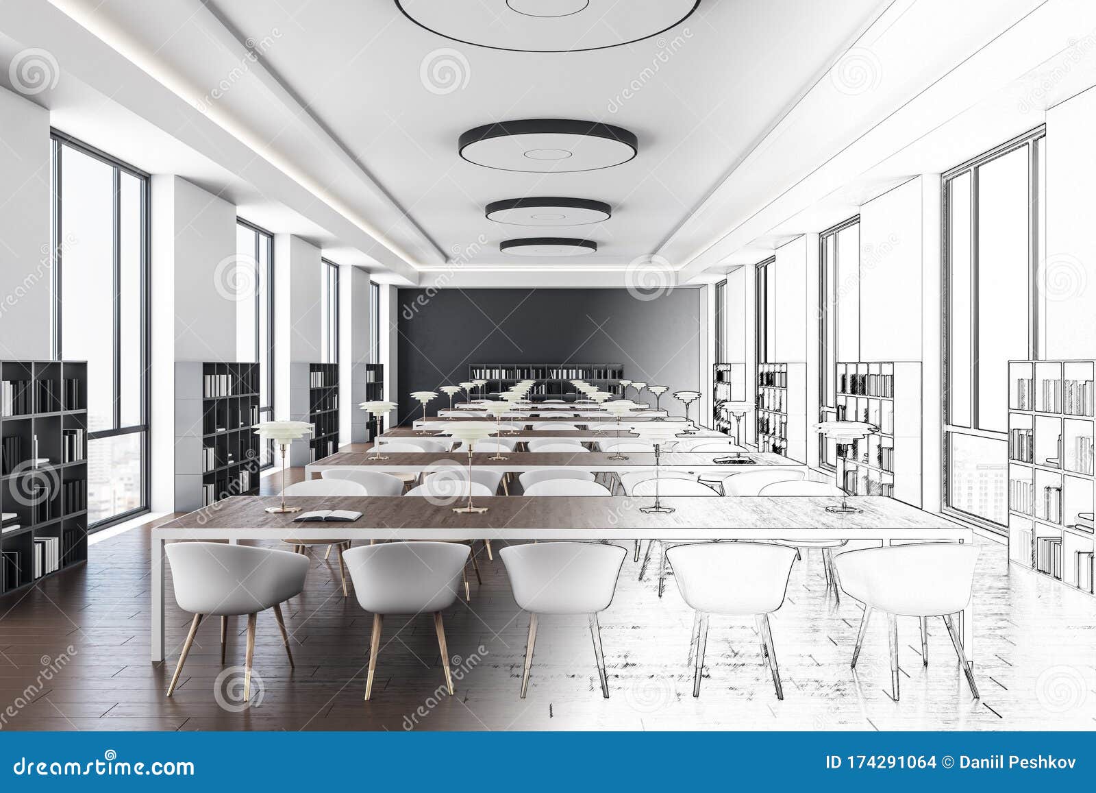 Drawing Modern Library Interior Stock Illustration - Illustration of ...