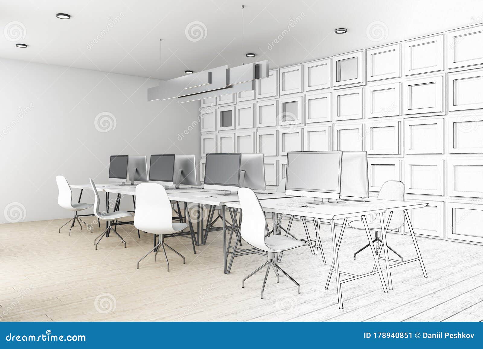 Drawing Modern Office Interior with Copy Space on Wall Stock ...