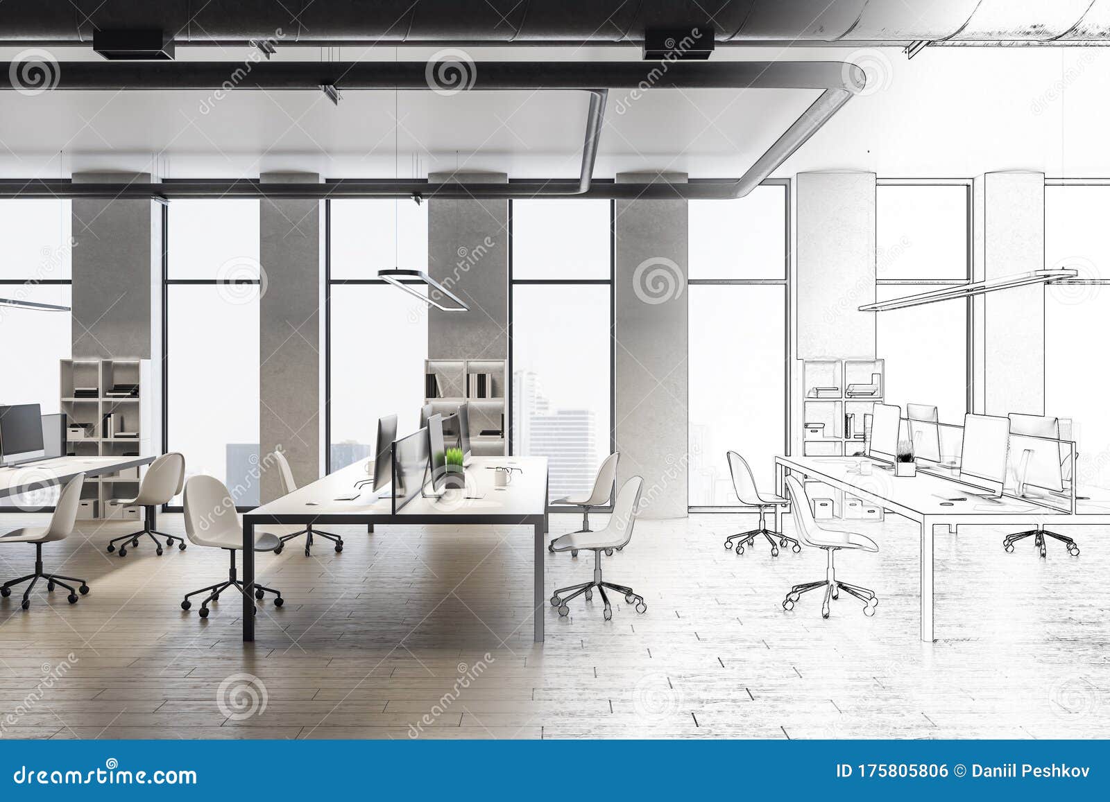 Drawing Modern Office Interior Hall Stock Illustration - Illustration ...