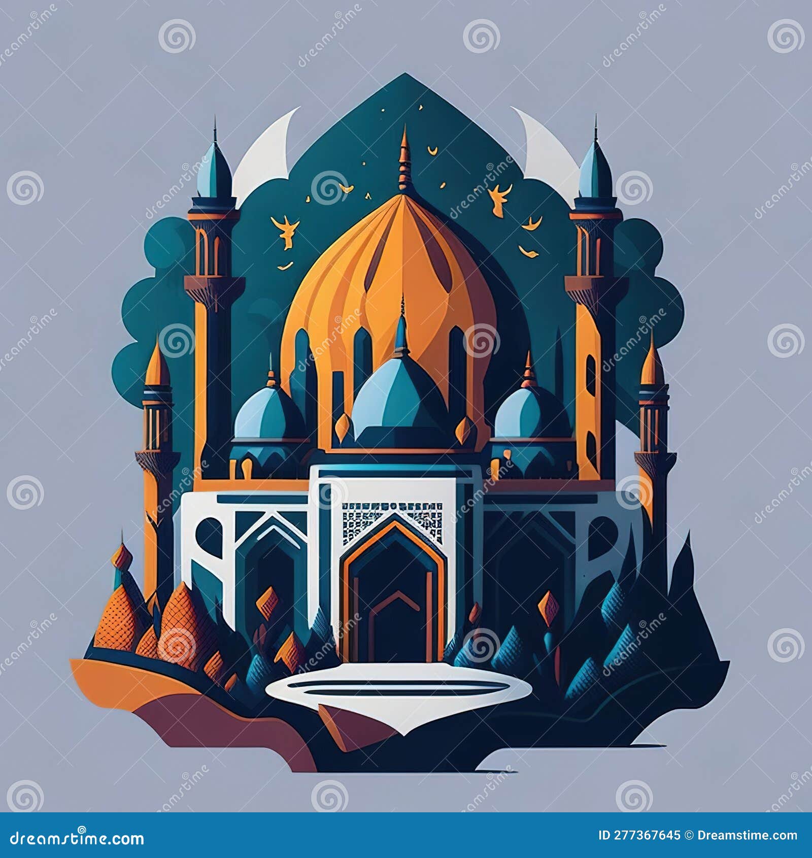A Drawing of a Mosque with a Blue Background and the Moon in the Sky ...