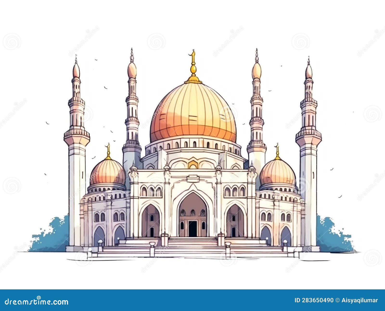 Drawing of a Mosque Using Medium Ink and Watercolor Isolated on White ...