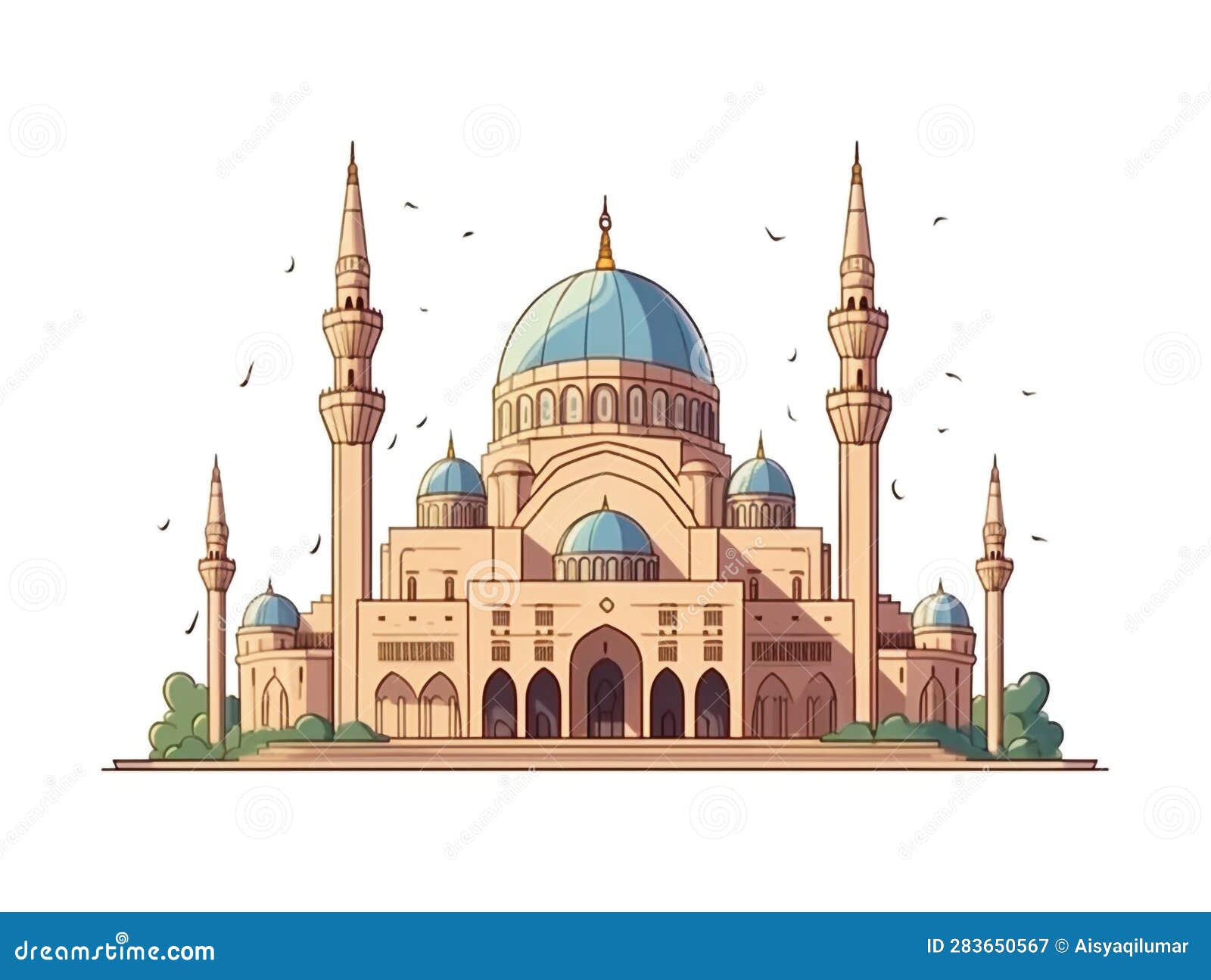 Drawing of a Mosque Using Medium Ink and Watercolor Isolated on White ...