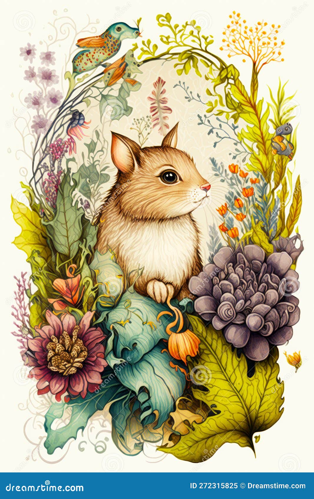 Drawing of Mouse Surrounded by Flowers and Plants with Butterfly on Top ...