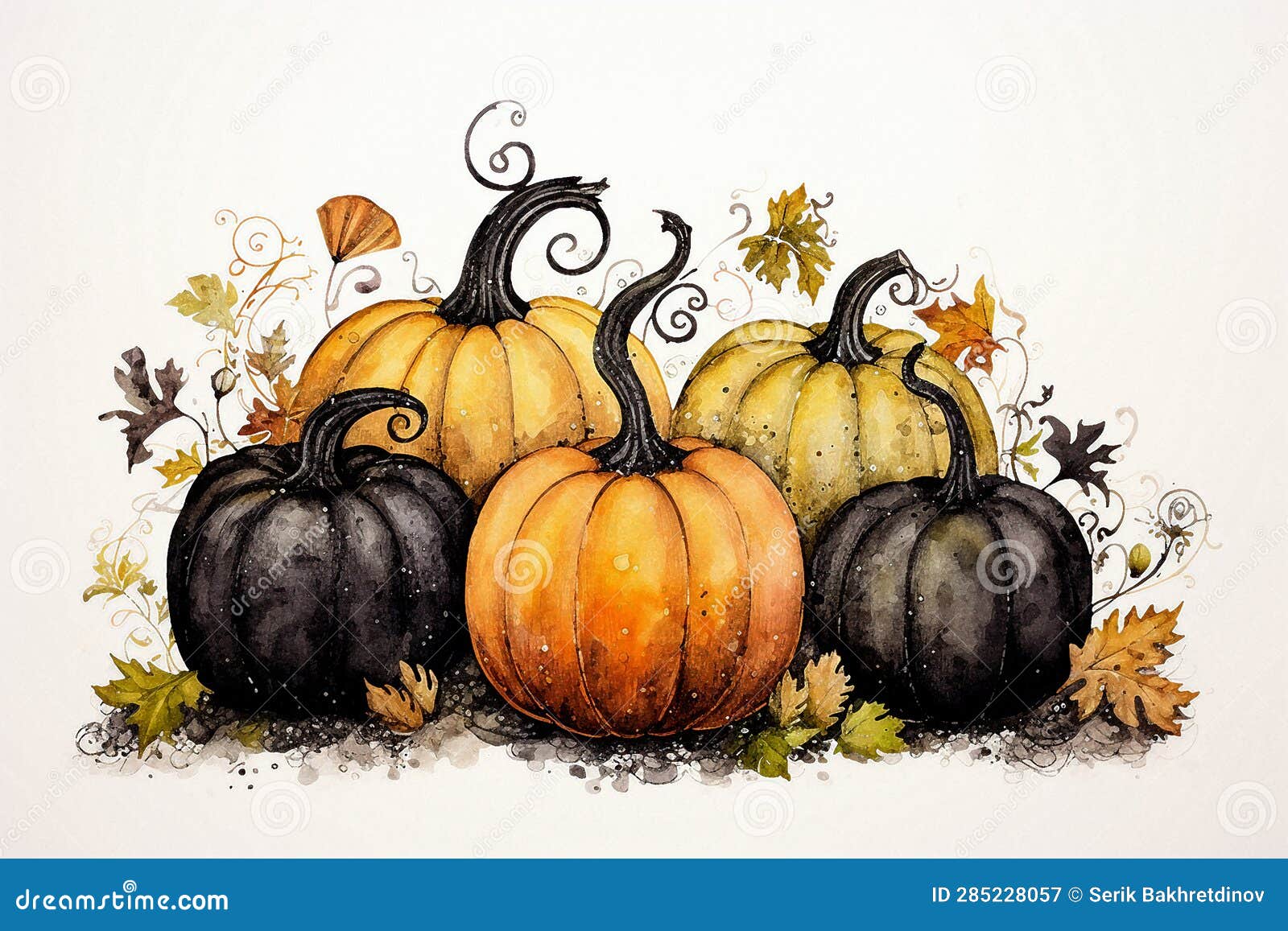 Drawing of Multi-colored Pumpkins with Leaves on a White Background ...