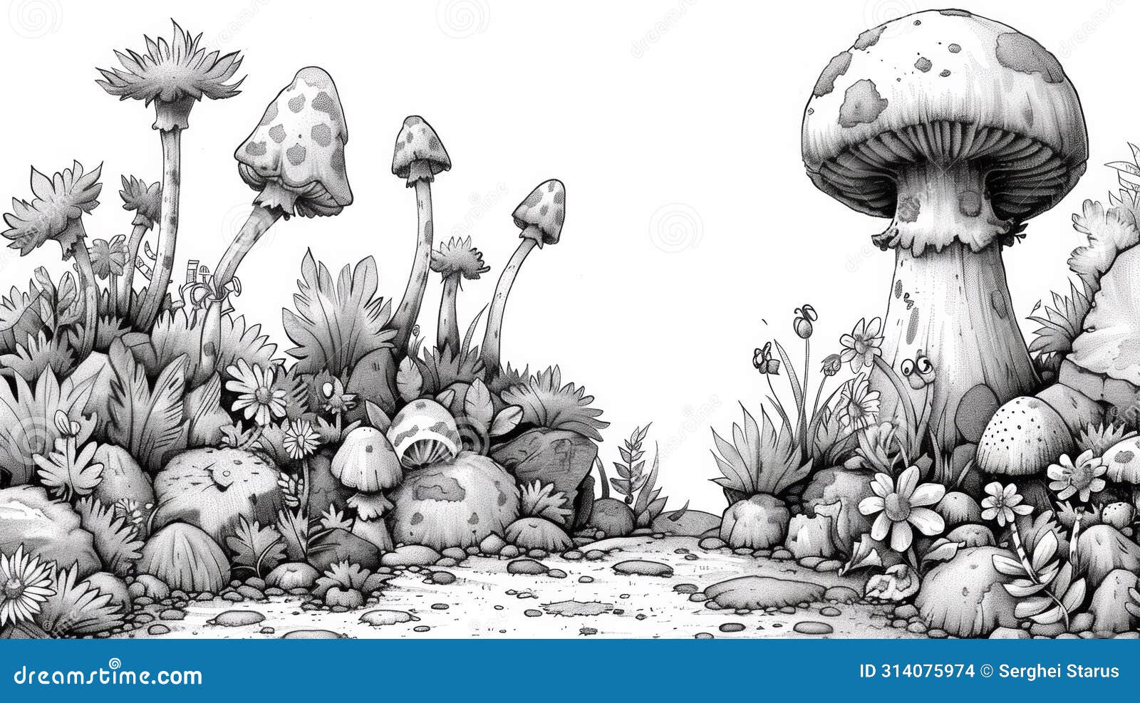 A Drawing of a Mushroom Garden with Rocks and Plants, AI Stock Photo ...