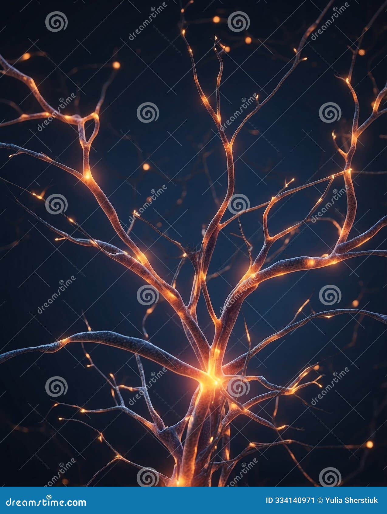 A Drawing of a Neuron with Lights on Dark Blue Background. Stock ...