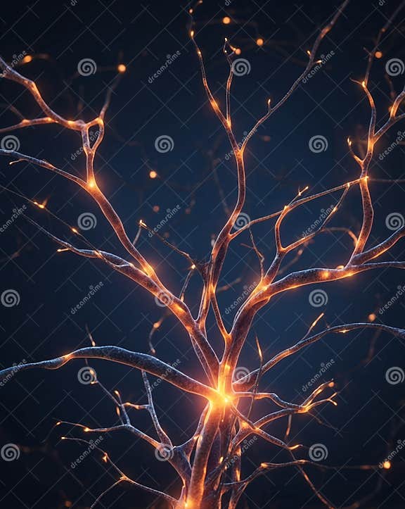 A Drawing of a Neuron with Lights on Dark Blue Background. Stock ...
