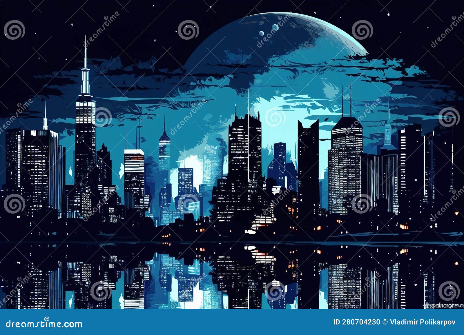 Drawing of the Night City. Generated by AI Stock Illustration ...