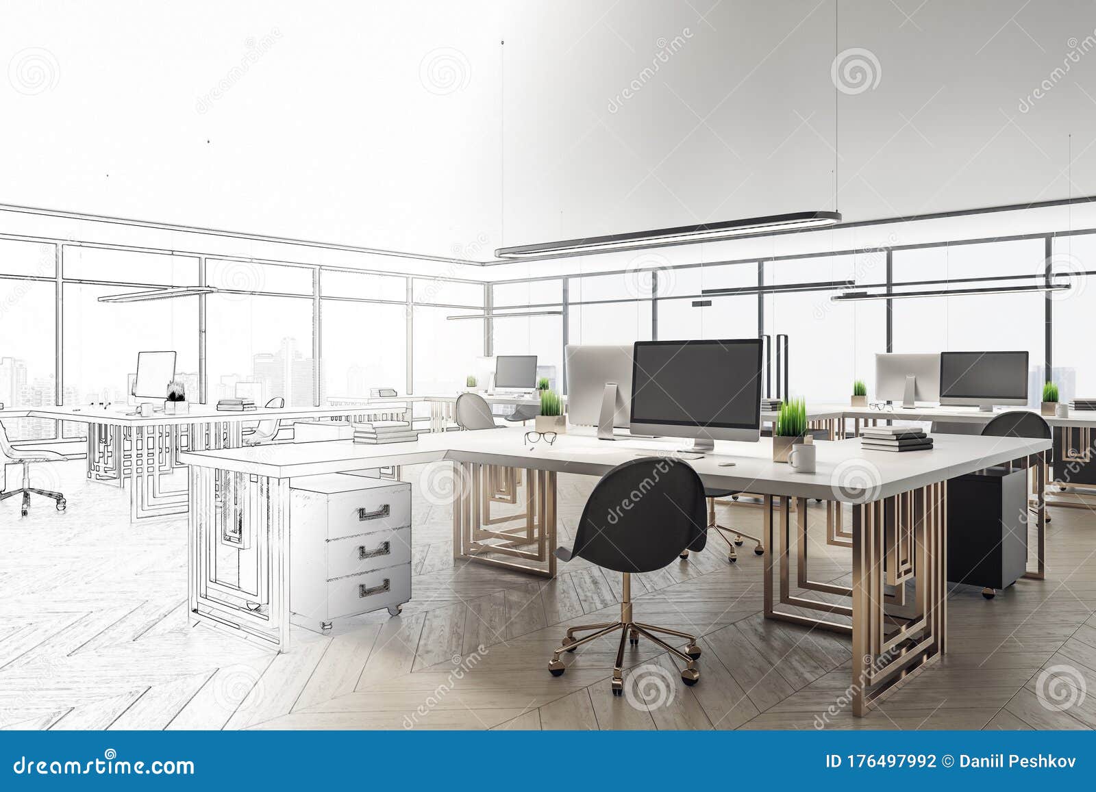 Drawing Office Interior with City View Stock Illustration ...