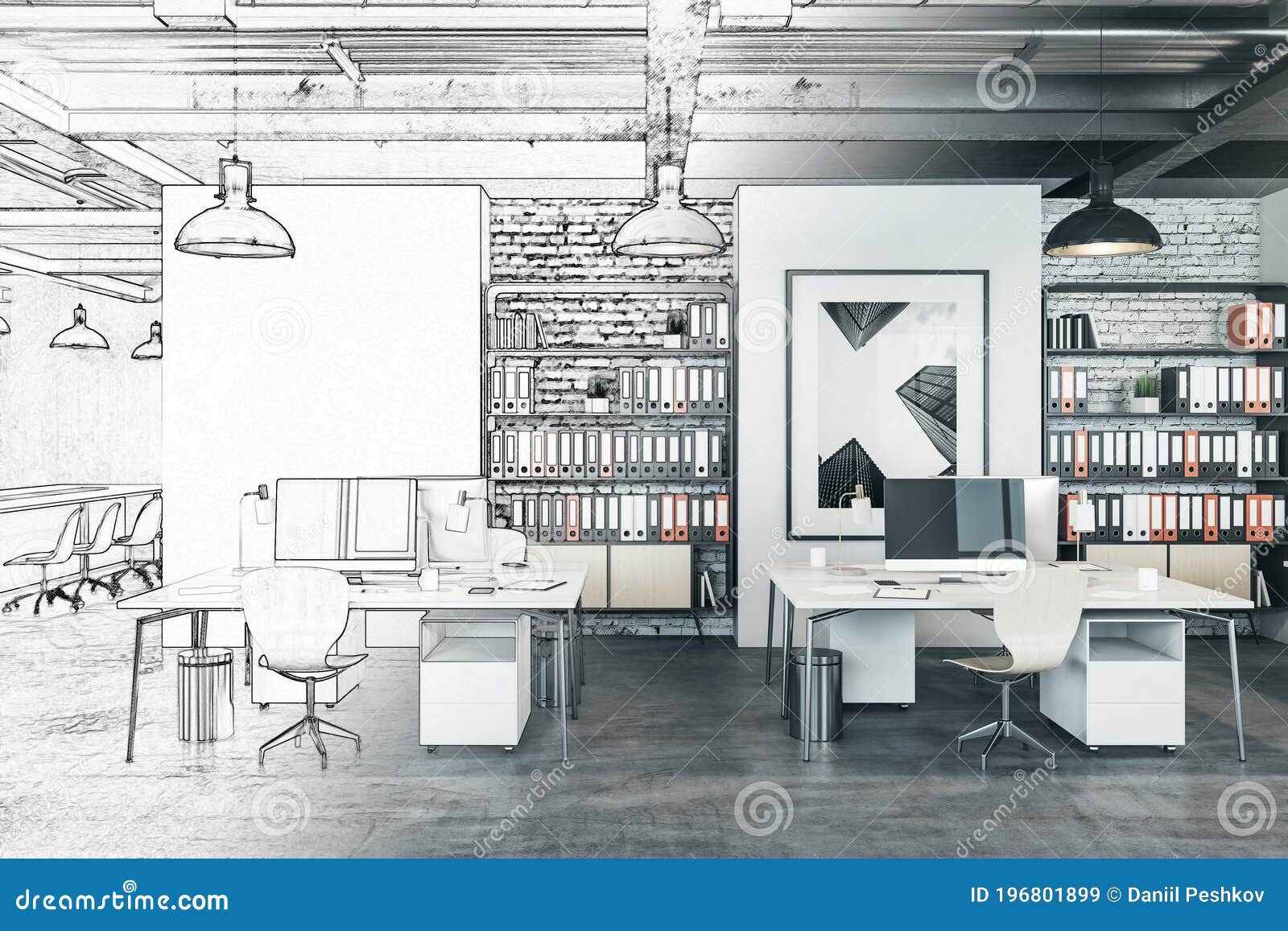 Drawing Office Interior with Computers Stock Illustration ...