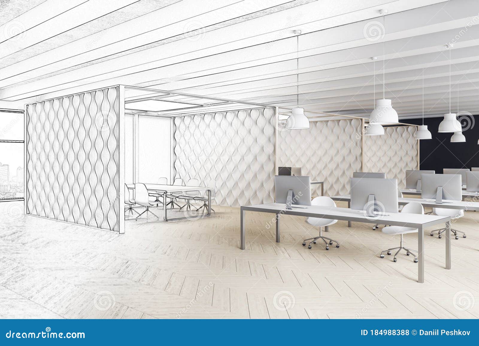 Drawing Office Interior with Computers on Table Stock Illustration ...