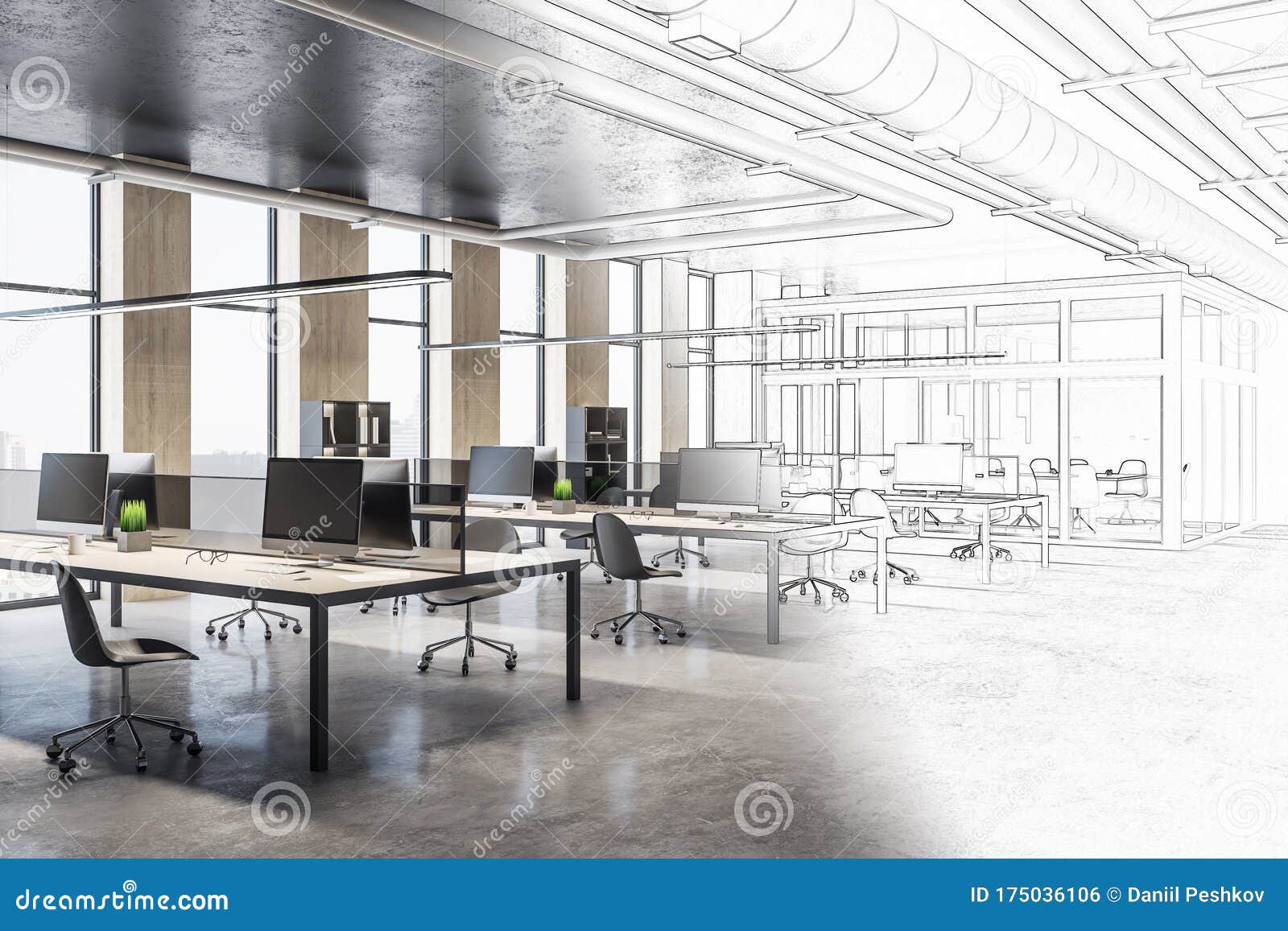 Drawing Office Interior Hall with Computers Stock Illustration ...