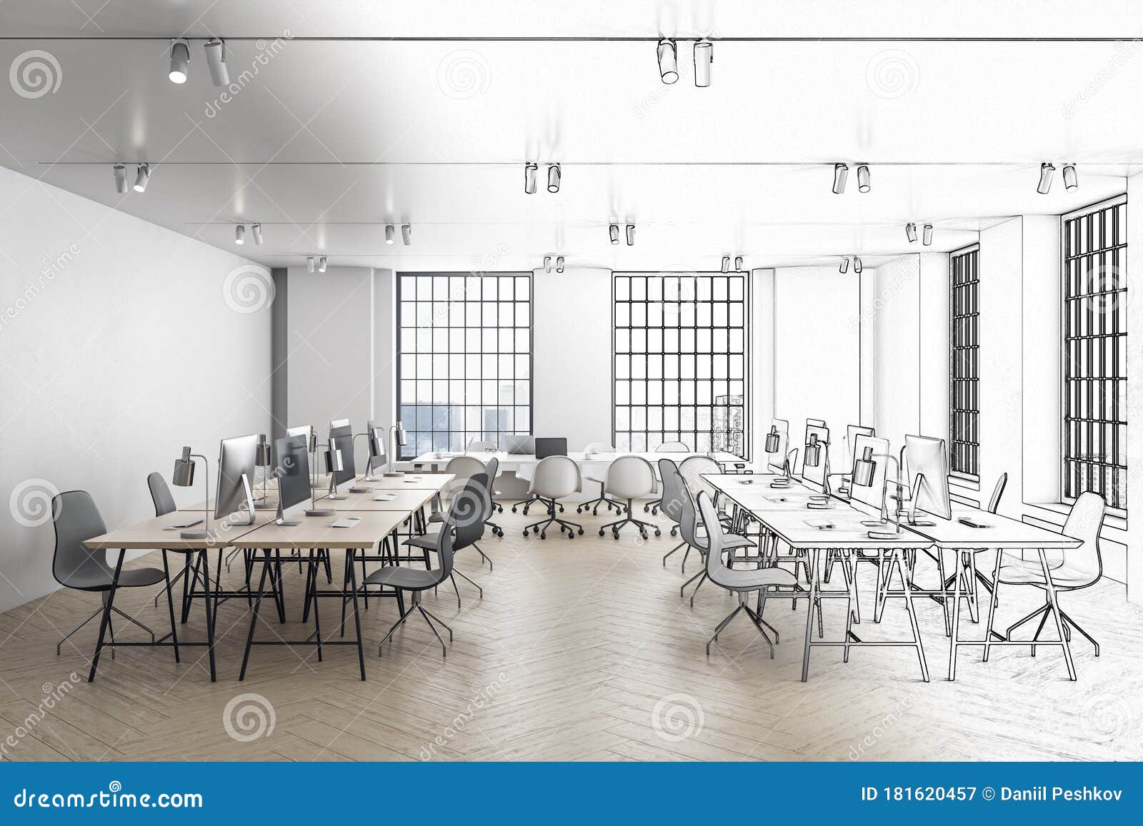 Drawing Office Interior Hall with Computers Stock Illustration ...