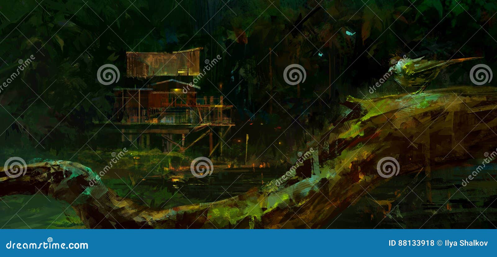 Drawing, Old Hut in the Swamp at Night Stock Illustration ...