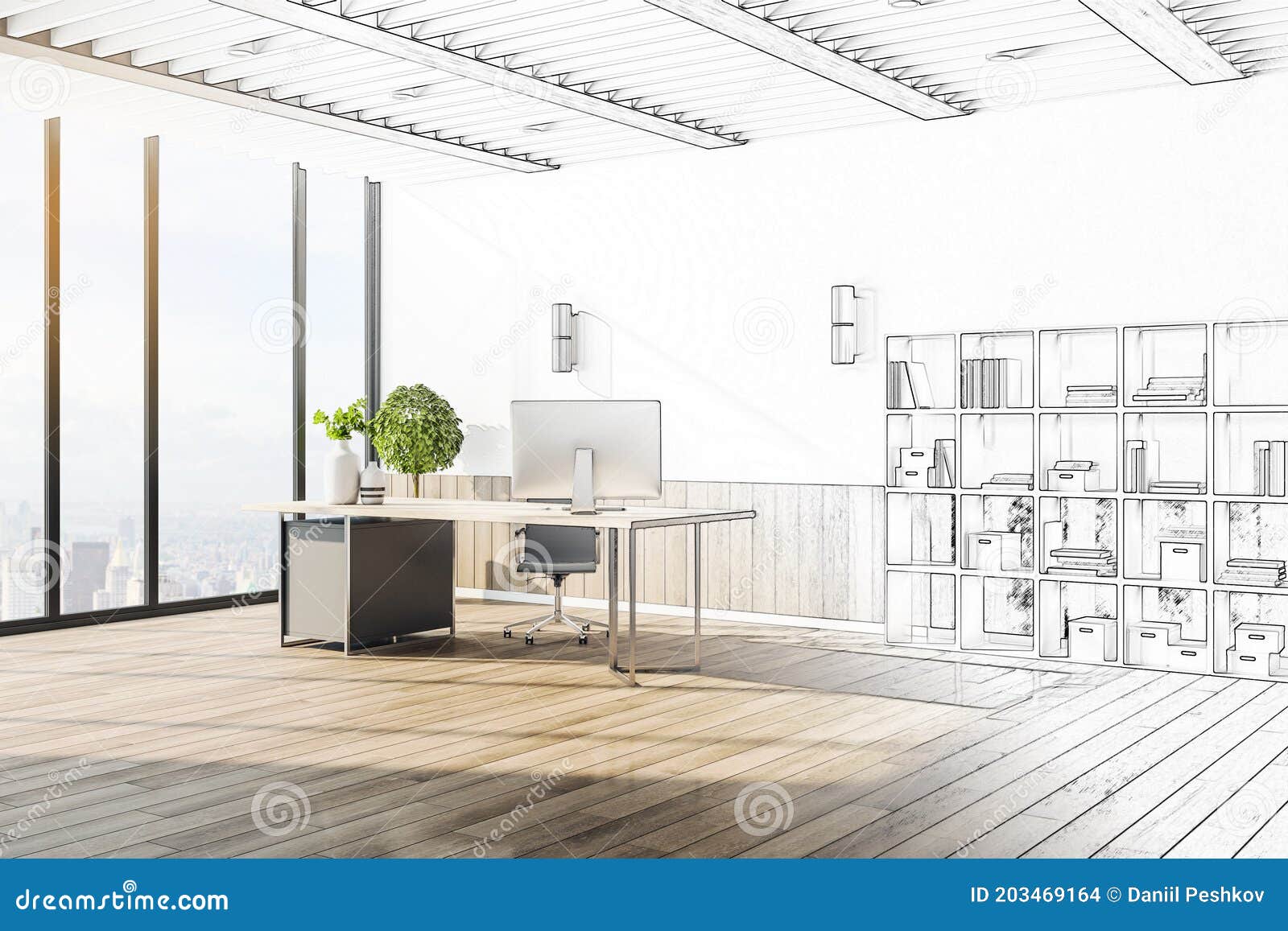 Drawing Open Space Office with Computer Stock Illustration ...