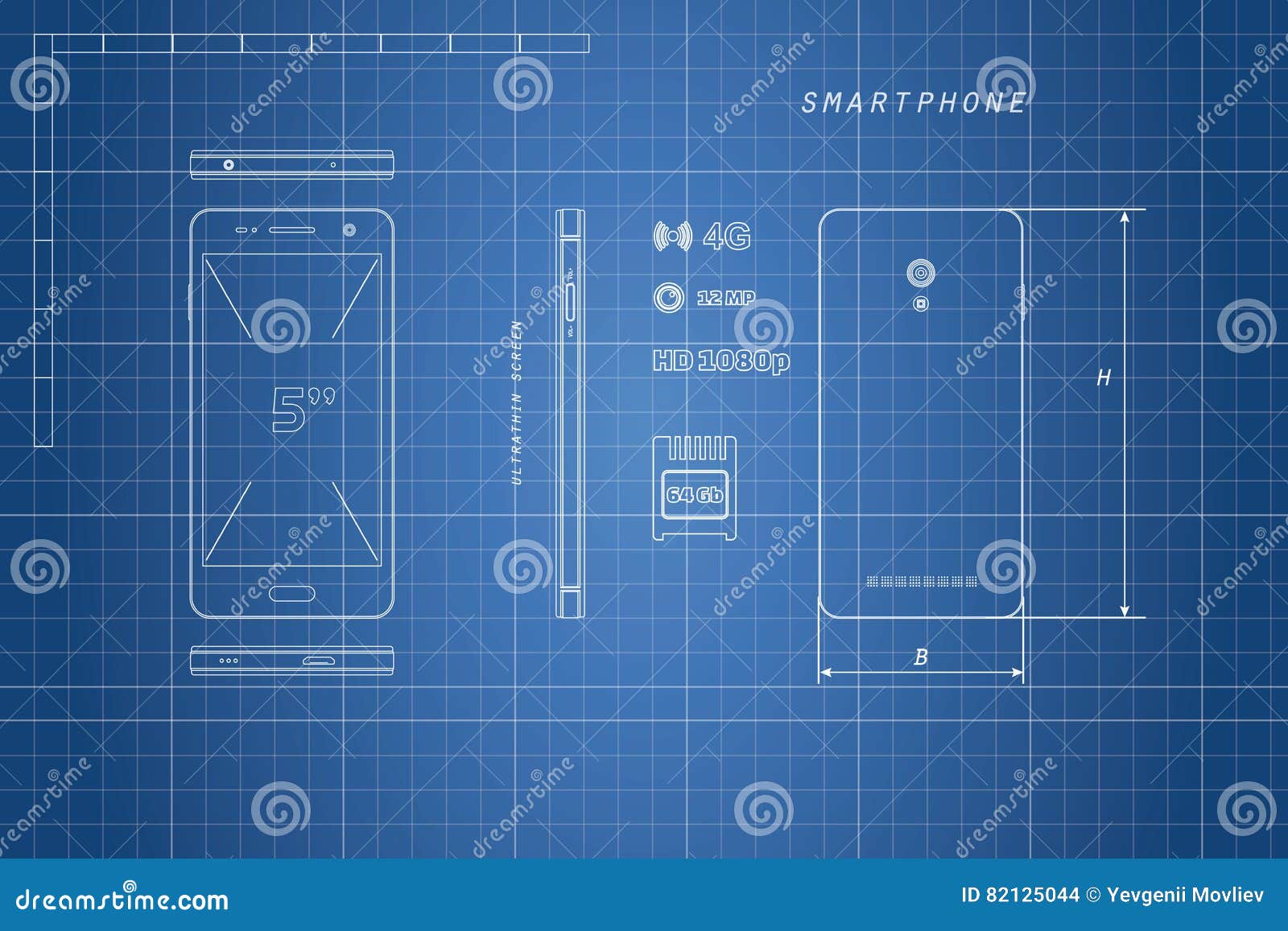Drawing of Outline Smartphone. Phone in Different Views Stock Vector ...