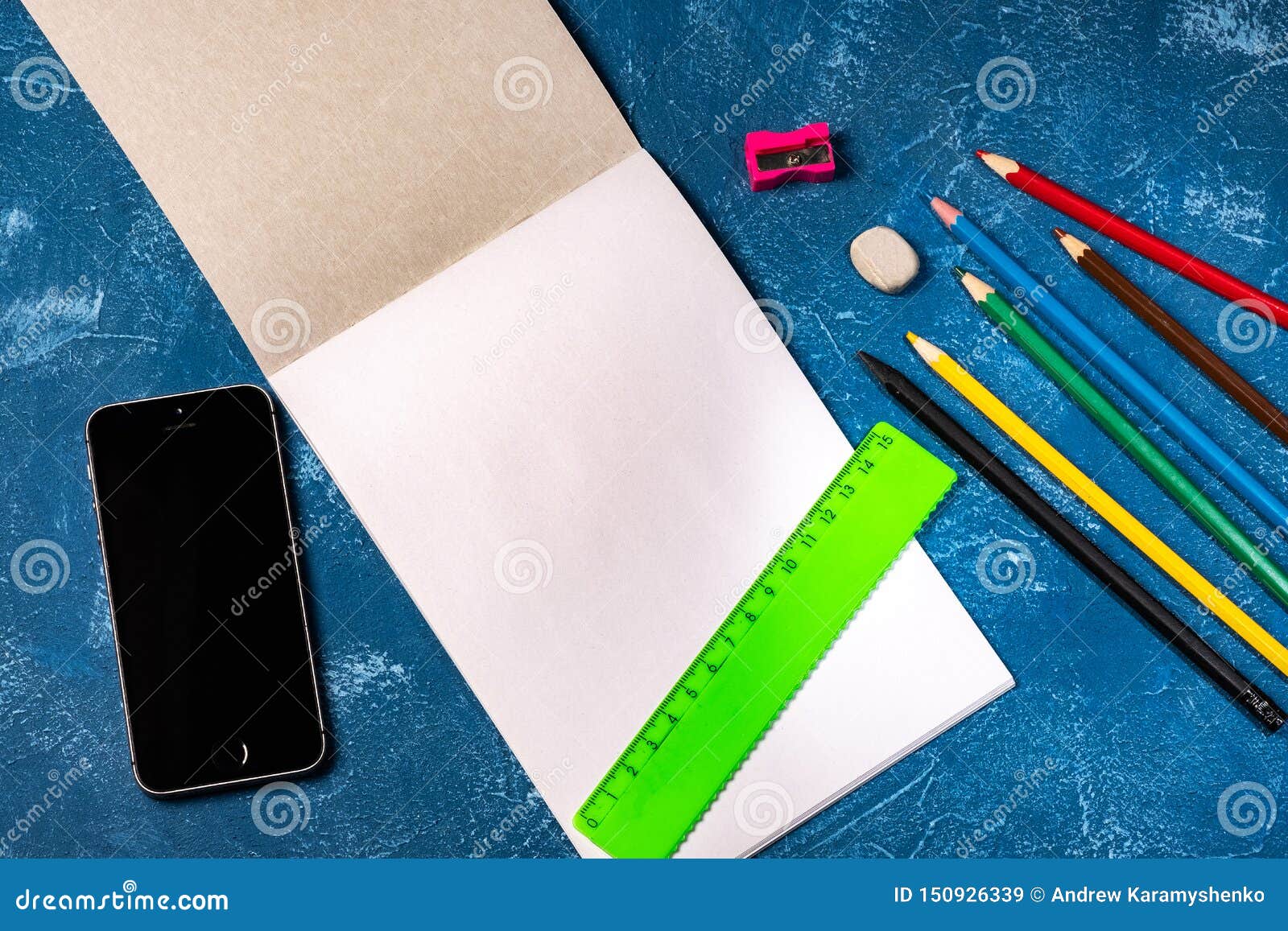 Drawing Pad and Colored Pencils on Blue Background Stock Image - Image ...