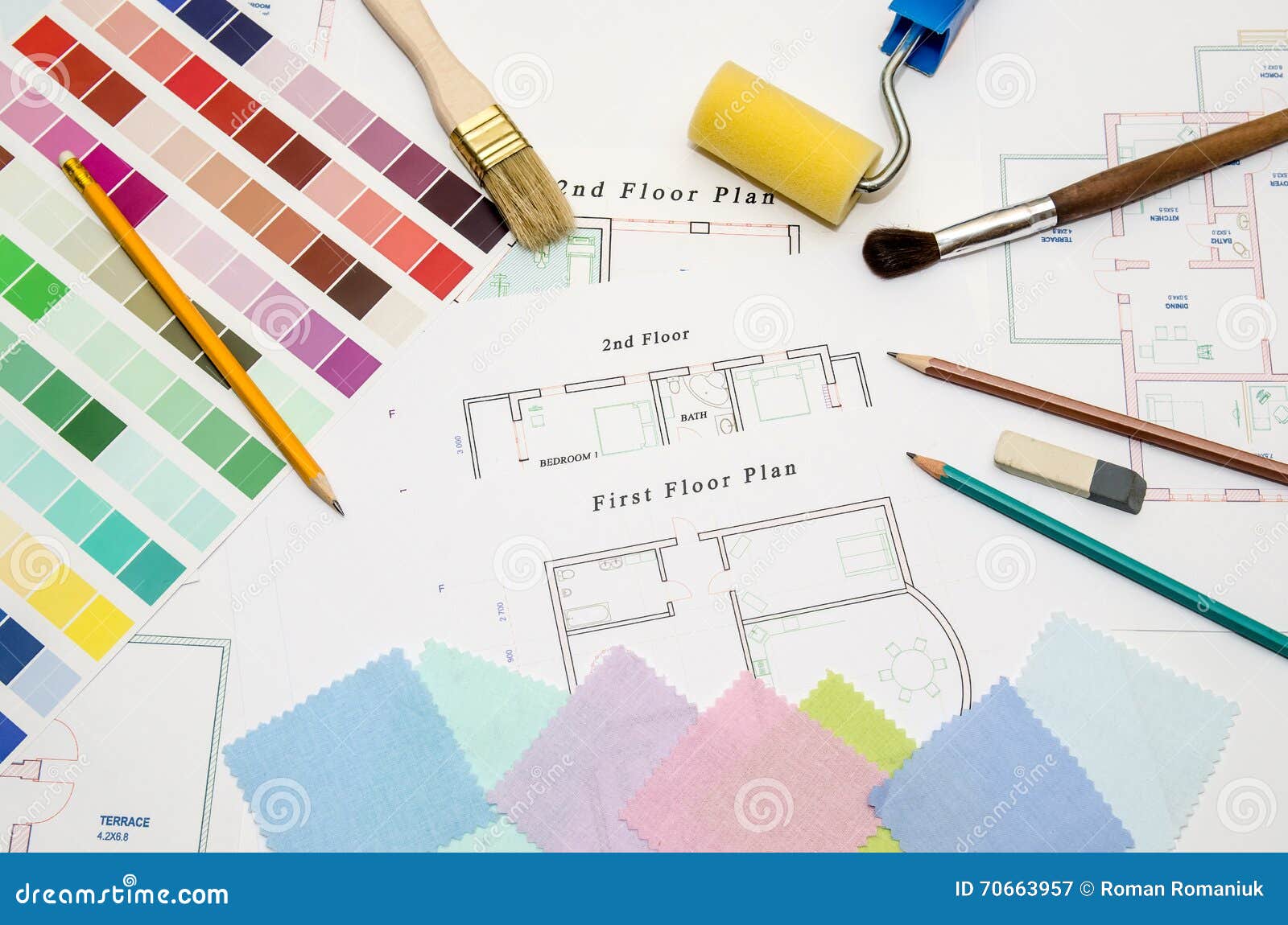 Drawing with Paintbrush, Color Sample and Working Tools Stock Image ...