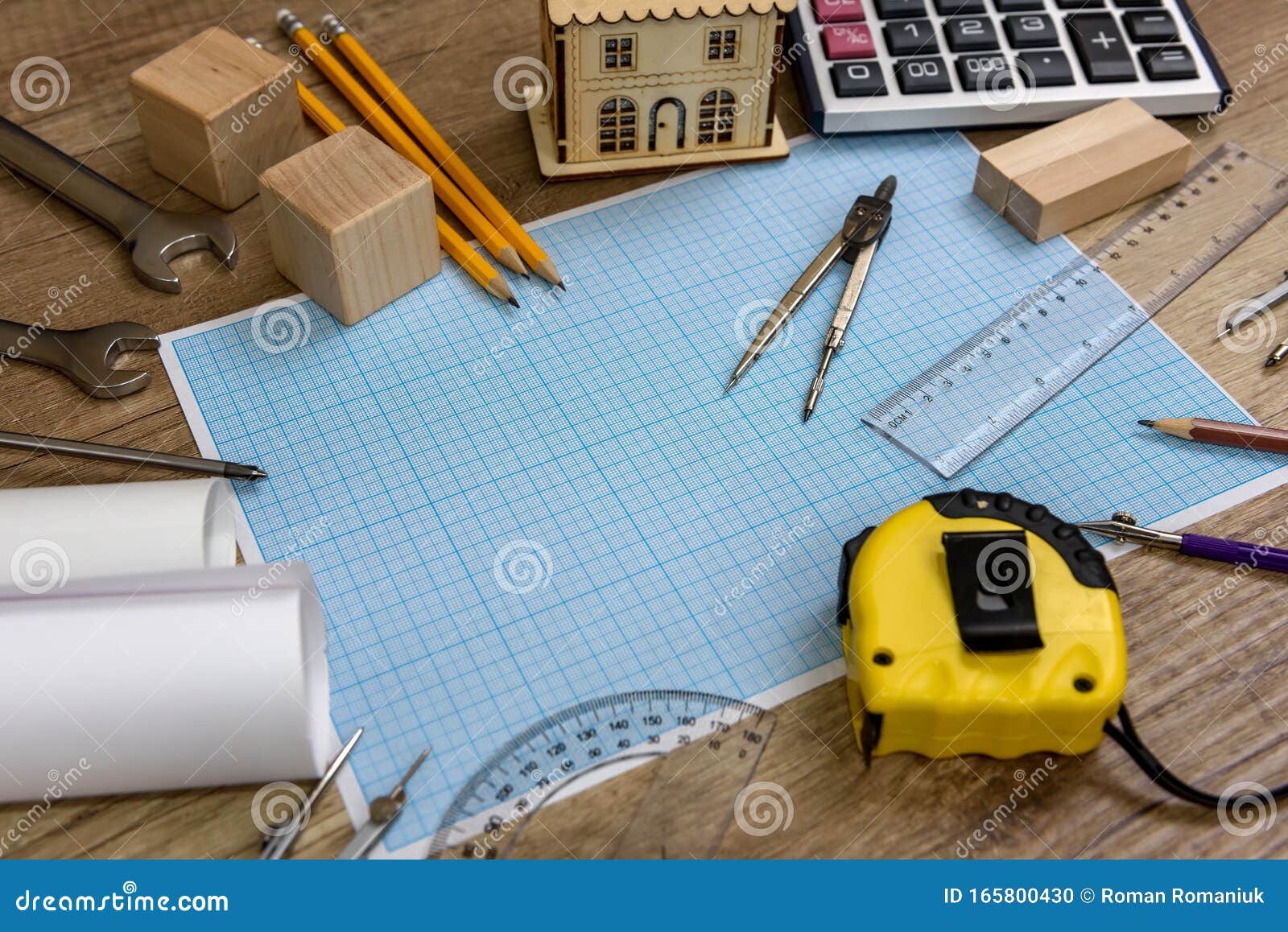 Drawing Paper with House Model and Different Tools Stock Photo - Image ...
