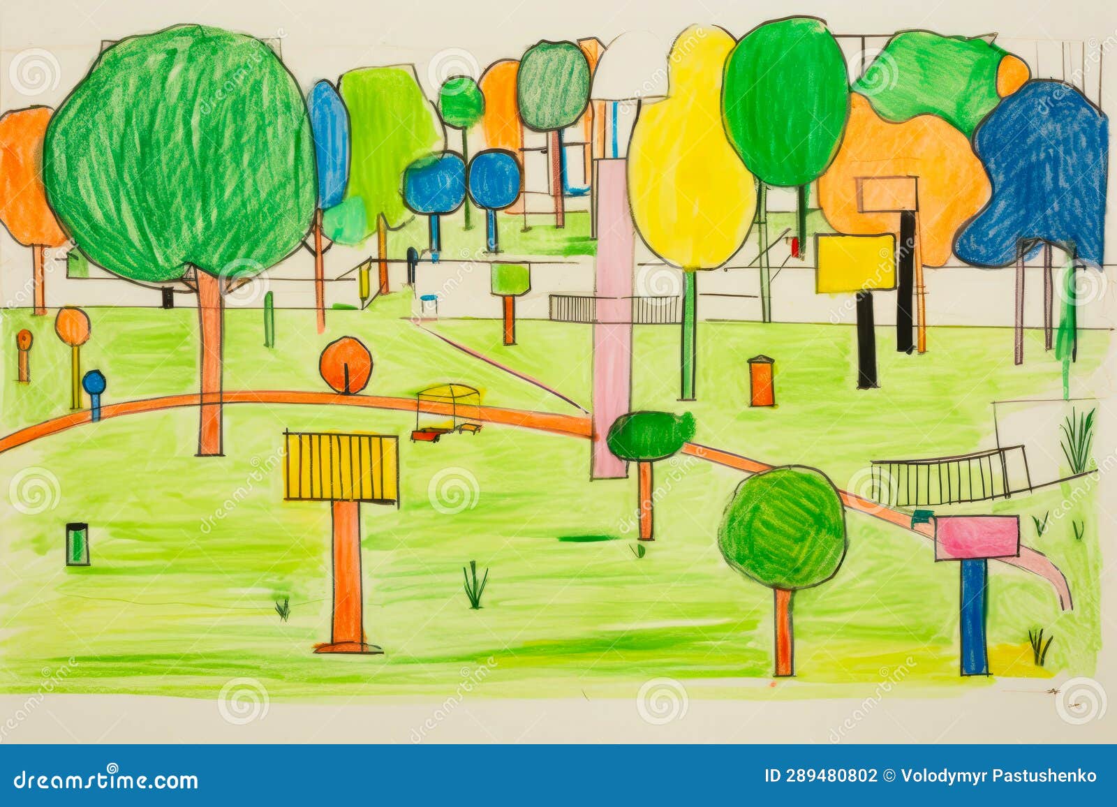 Drawing of Park with Trees and Benches in it. Generative AI Stock Photo ...