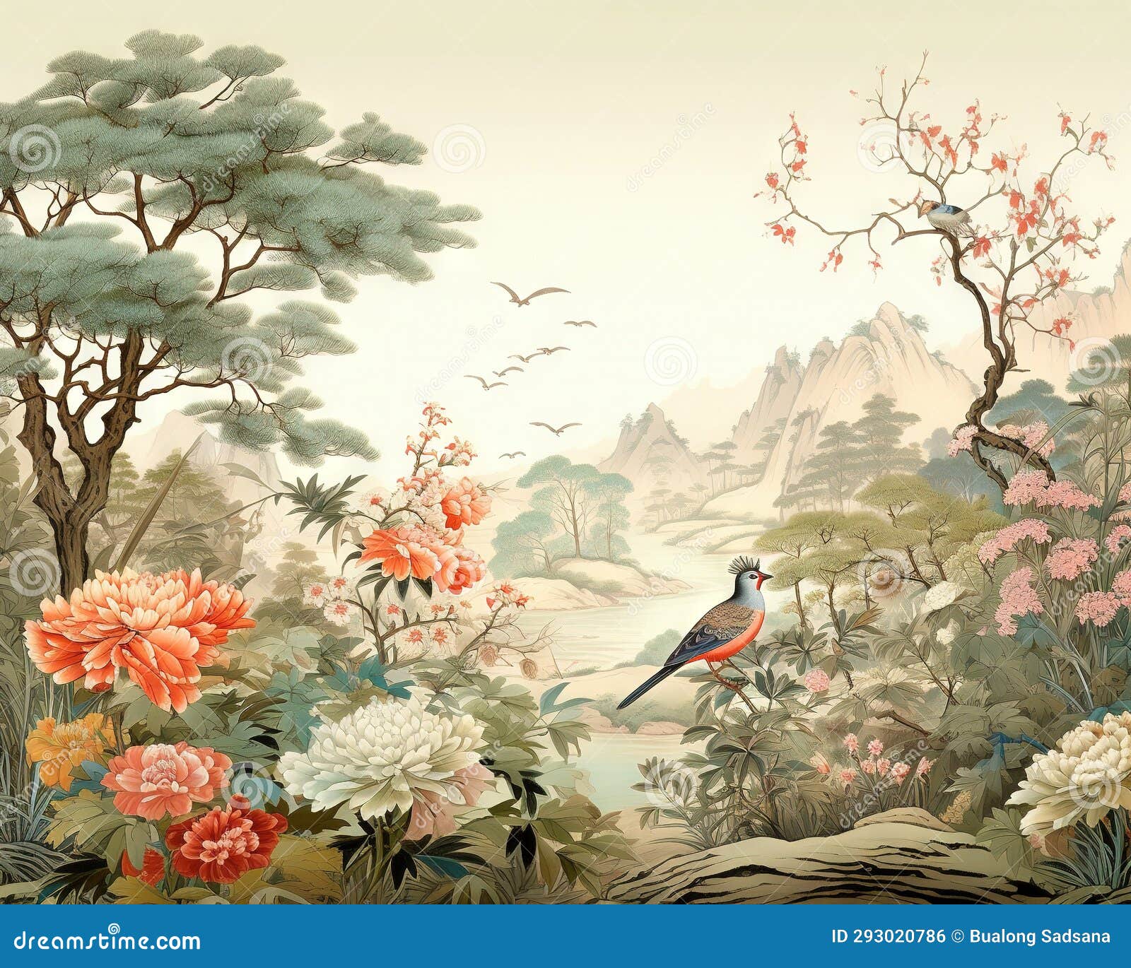 Drawing Pattern Wallpaper of a Forest Landscape with Birds and ...