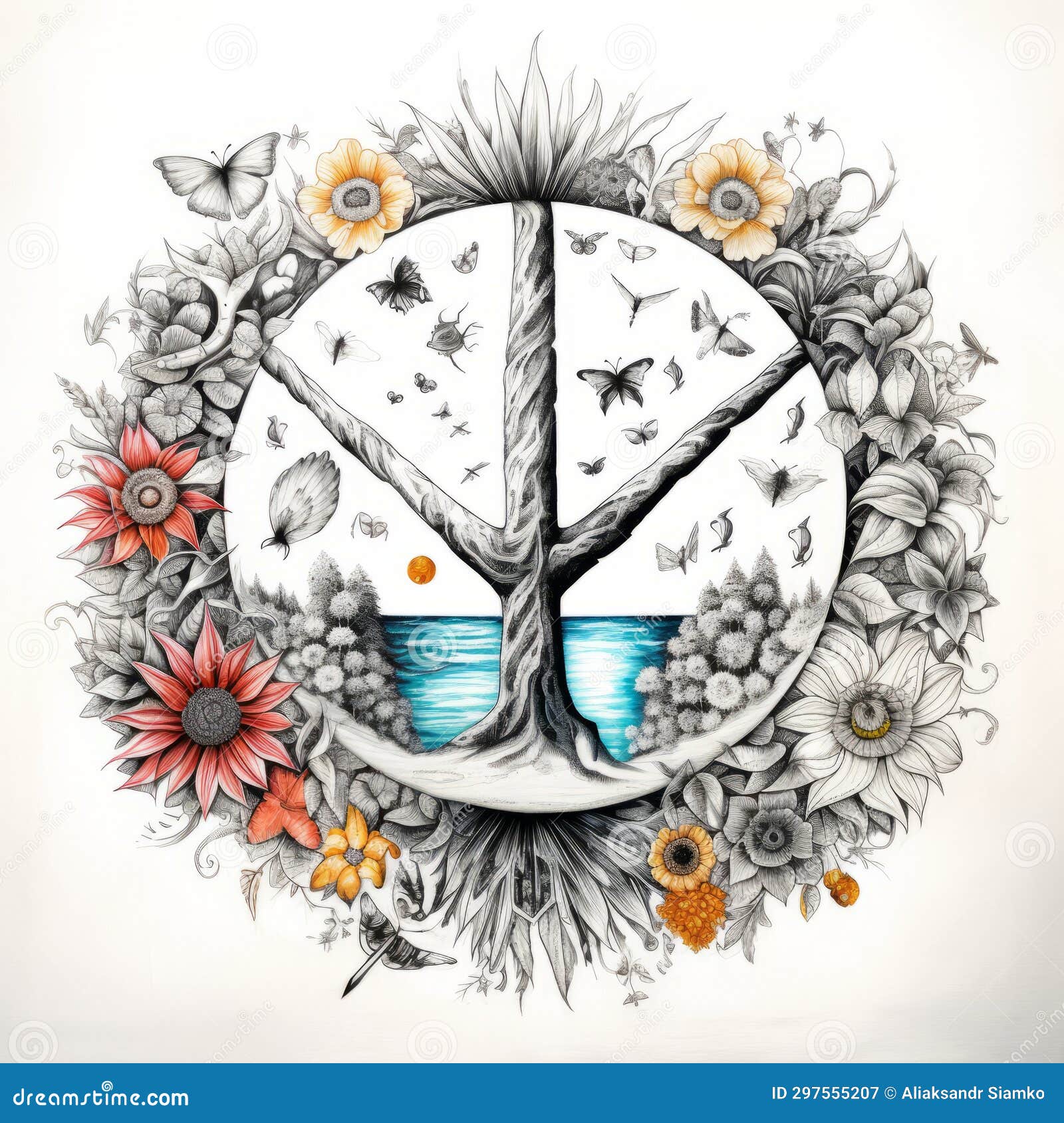 A Drawing of a Peace Sign Surrounded by Flowers and Butterflies Stock ...